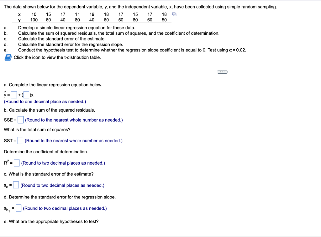 Solved a. Develop a simple linear regression equation for | Chegg.com