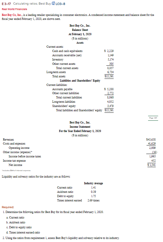 Solved E 3-17 Calculating ratios; Best Buy 닌 LO3-8 Real | Chegg.com