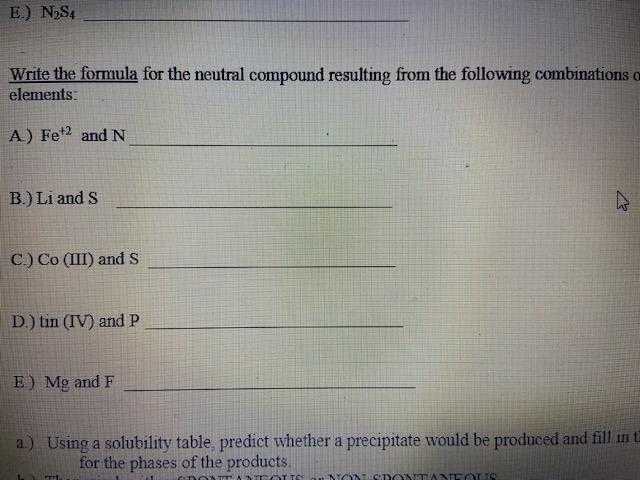 Solved E.) NS Write the formula for the neutral compound | Chegg.com