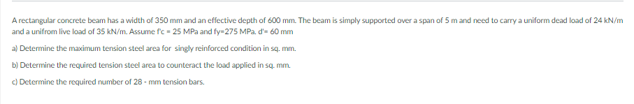Solved A rectangular concrete beam has a width of 350 mm and | Chegg.com