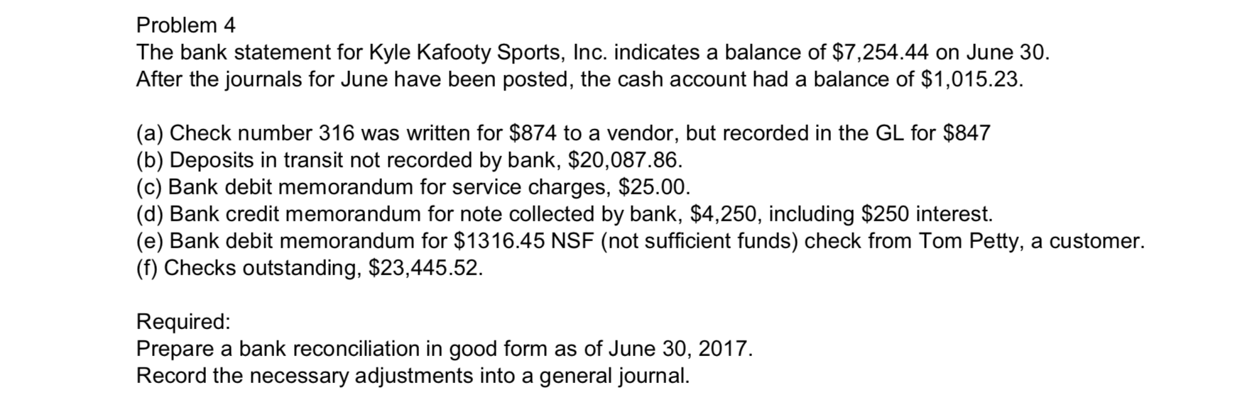 Solved Problem 4 The bank statement for Kyle Kafooty Sports, | Chegg.com