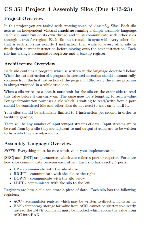 Solved CS 351 Project 4 Assembly Silos (Due 4-13-23) Project | Chegg.com