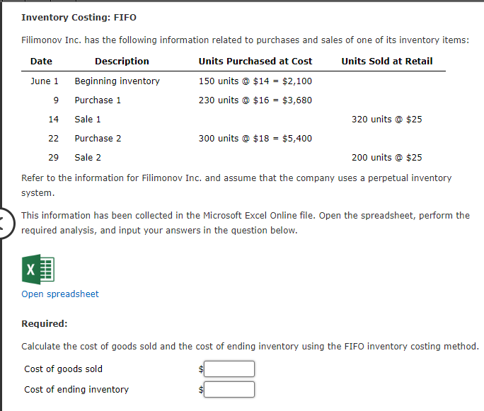 Solved Inventory Costing: FIFO Filimonov Inc. has the | Chegg.com
