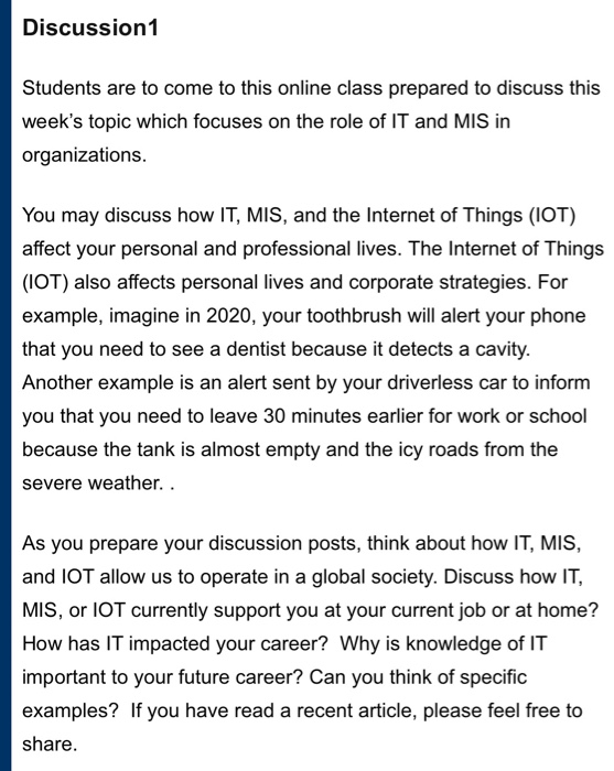 Solved Discussion1 Students are to come to this online class | Chegg.com