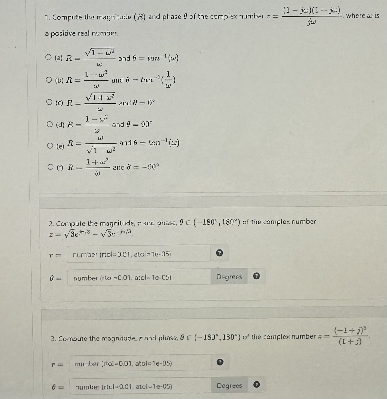 Solved 1. Compute the magnitude (R) and phase θ of the | Chegg.com