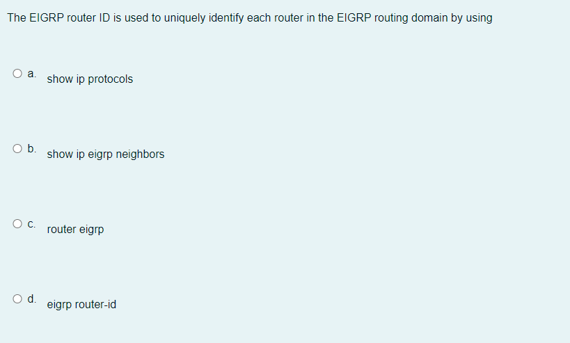 Solved The EIGRP router ID is used to uniquely identify each | Chegg.com