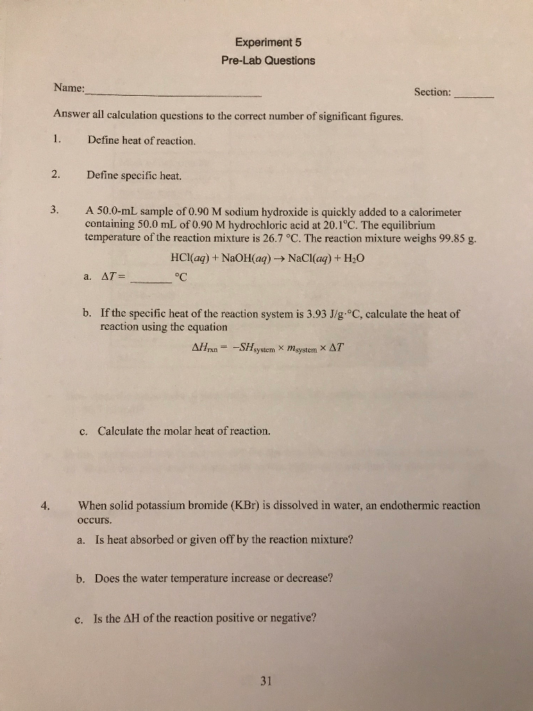 Solved Experiment 5 Pre-Lab Questions Name: Section: Answer | Chegg.com