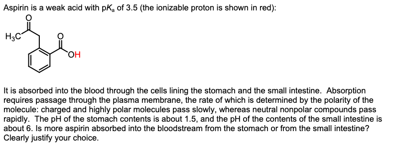 Solved Aspirin is a weak acid with pKa of 3.5 (the ionizable | Chegg.com