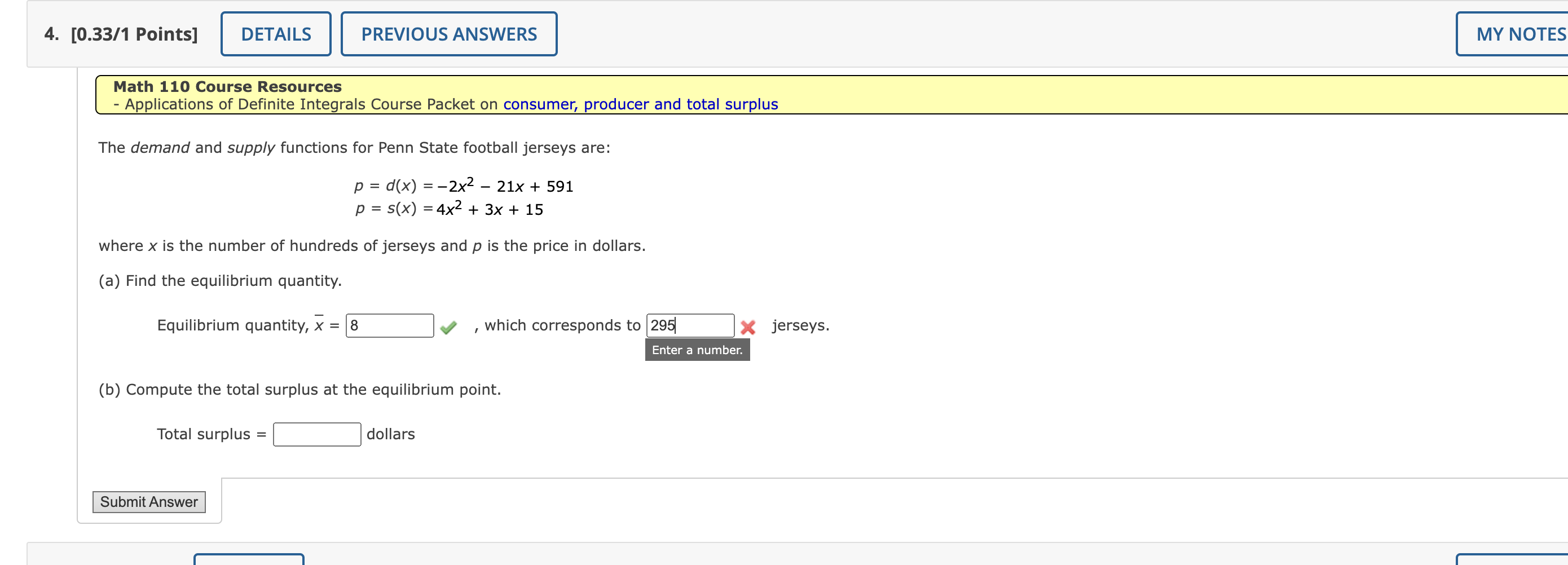 Solved Math 110 Course Resources - Applications of Definite | Chegg.com