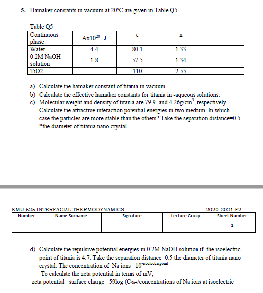 5. Hamaker constants in vacuum at 20°C are given in | Chegg.com