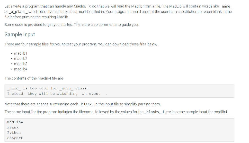 Solved Let's write a program that can handle any Madlib. To | Chegg.com