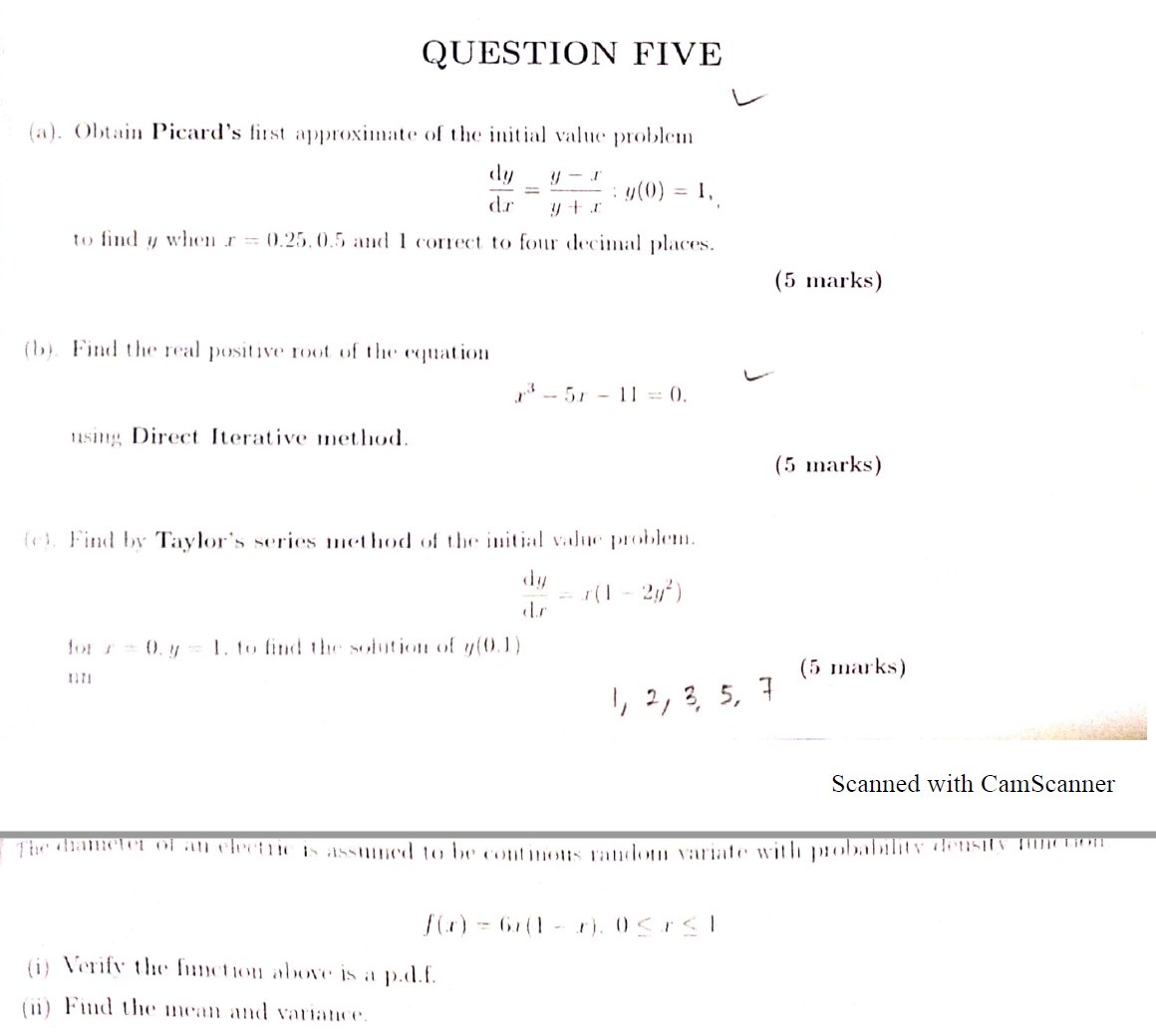 Solved QUESTION FIVE (a). Obtain Picard's first approximate | Chegg.com