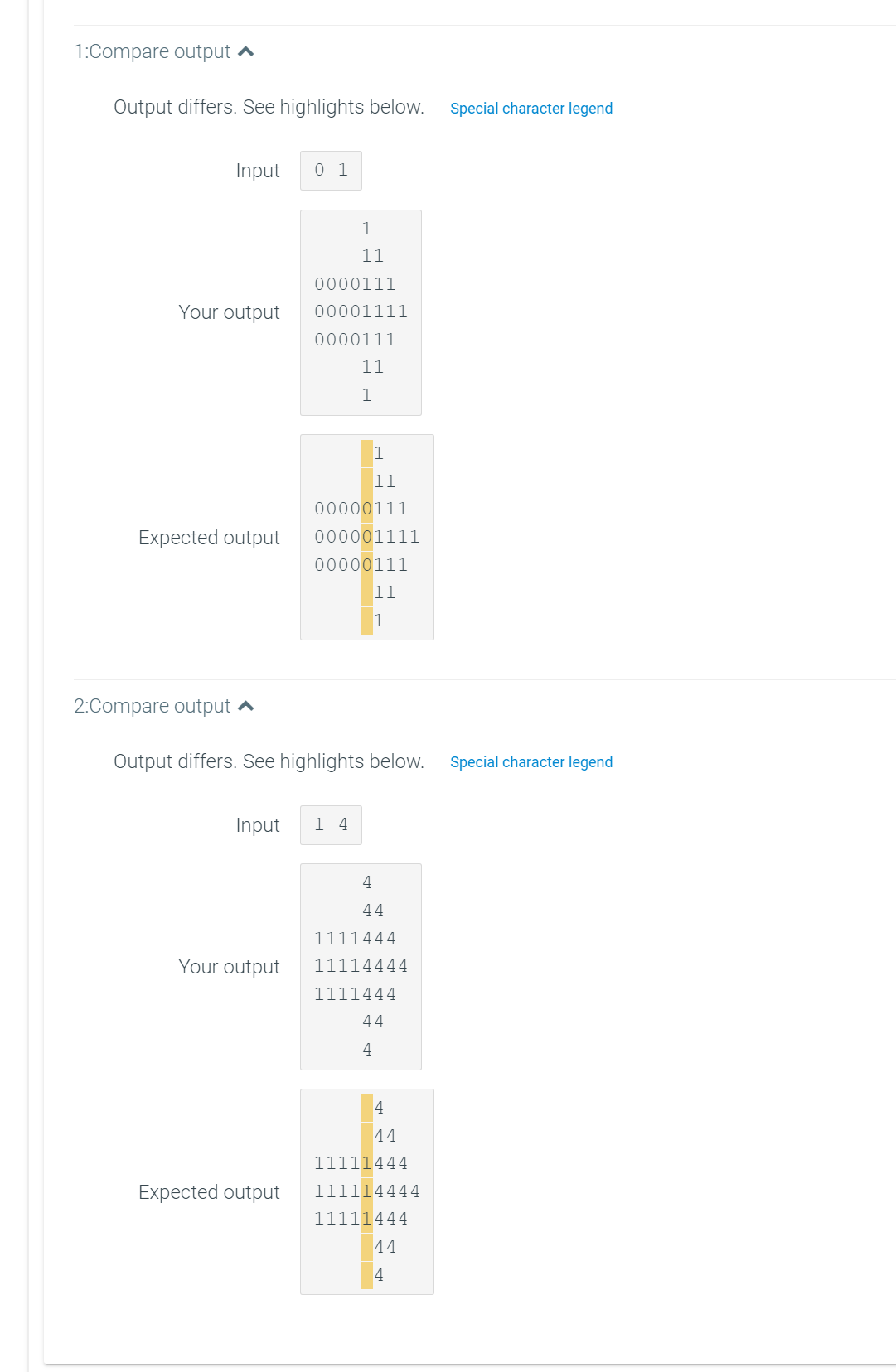 Solved 1:Compare outputOutput differs. See highlights | Chegg.com