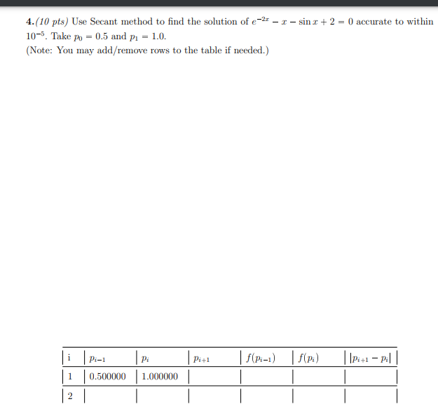 Solved 4.(10 pts) Use Secant method to find the solution of | Chegg.com