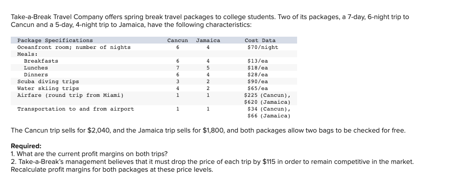 Solved Take-a-Break Travel Company offers spring break | Chegg.com
