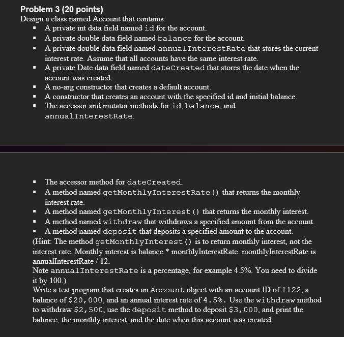 Solved Problem 3 (20 points) Design a class named Account | Chegg.com