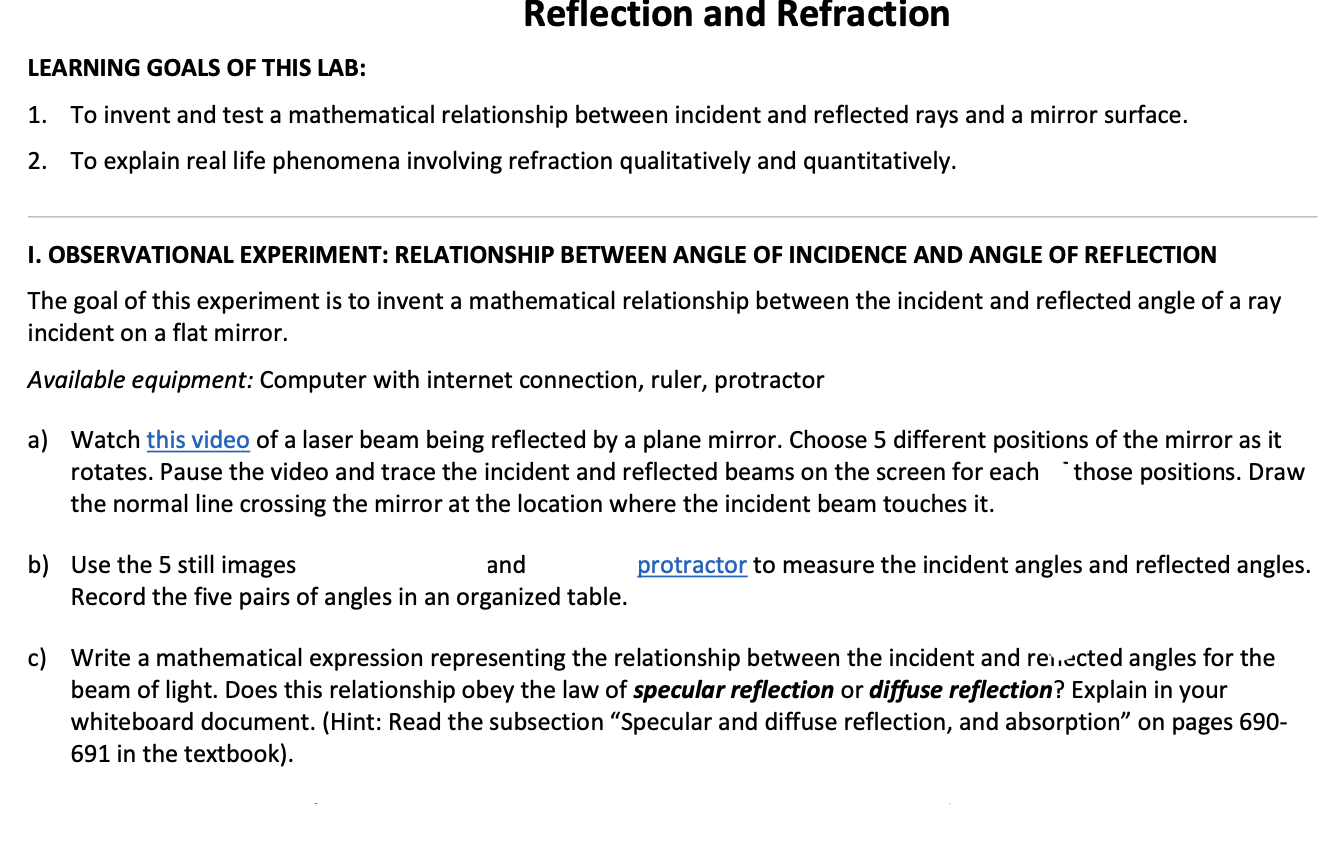 Solved Reflection and Refraction LEARNING GOALS OF THIS LAB: | Chegg.com