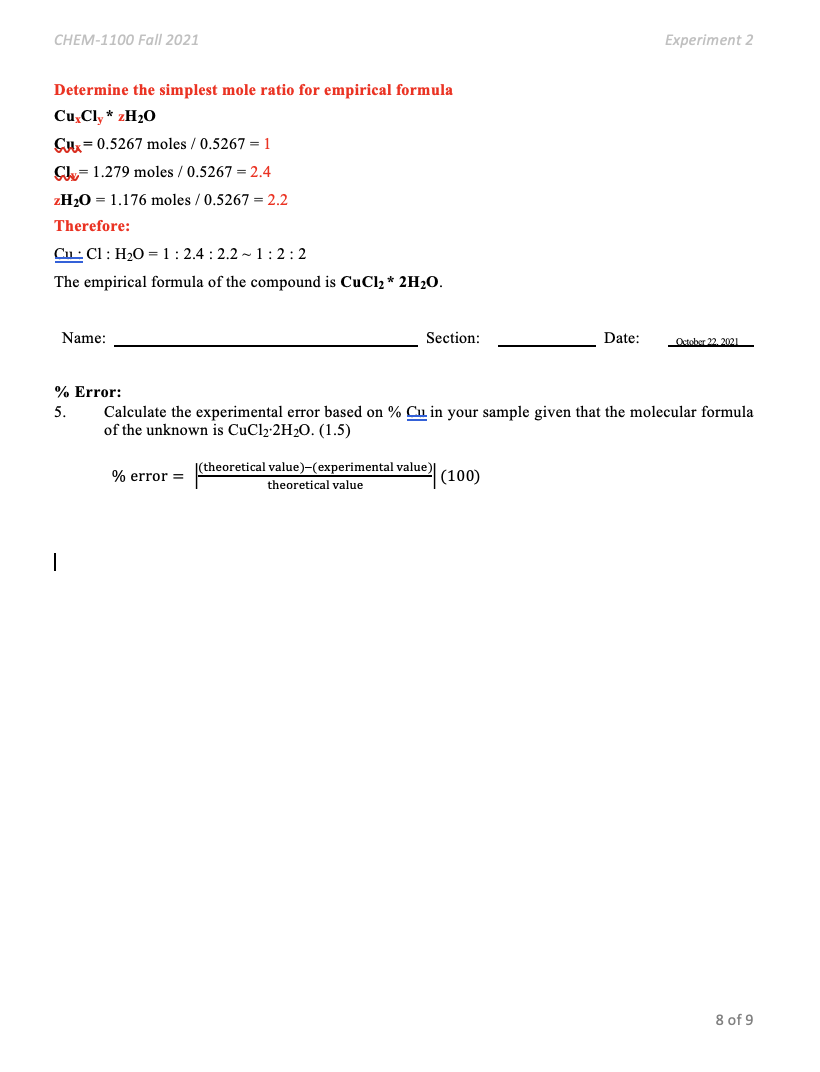 Solved CHEM-1100 Fall 2021 Experiment 2 EXPERIMENT 2 | Chegg.com