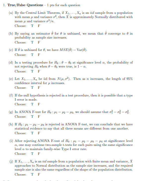 Solved 1. True/False Questions - 1 pts for each question (a) | Chegg.com