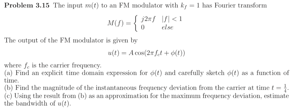 Solved Problem 3.15 The input m(t) to an FM modulator with | Chegg.com