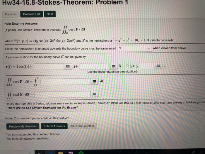 Solved Hw34-16.8-Stokes-Theorem: Problem 1 Previous Problem | Chegg.com