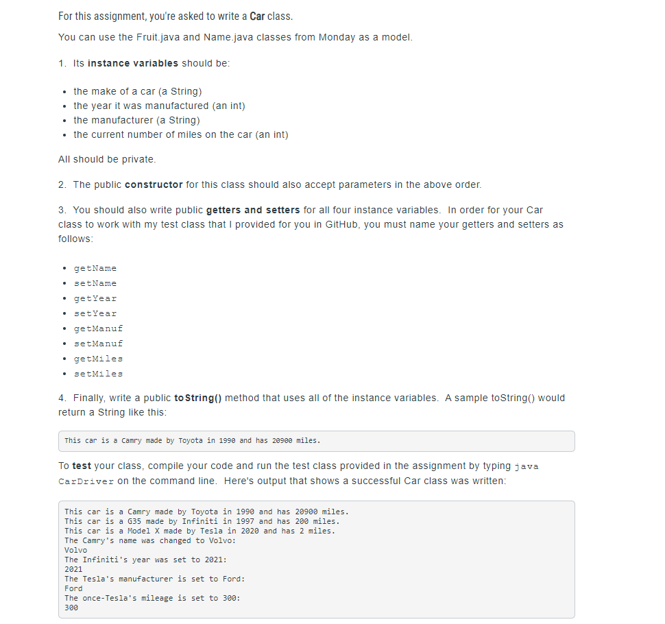 Solved For this assignment, you're asked to write a Car | Chegg.com