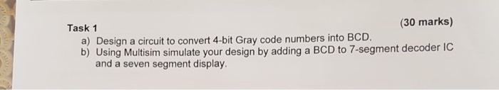Solved (30 marks) Task 1 -bit Gray code numbers into BCD. a) | Chegg.com