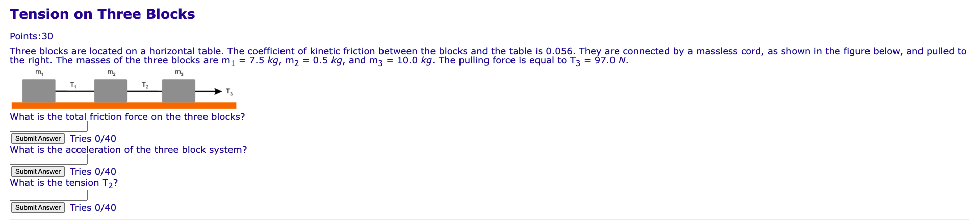 Solved Tension on Three Blocks Points:30 Three blocks are | Chegg.com