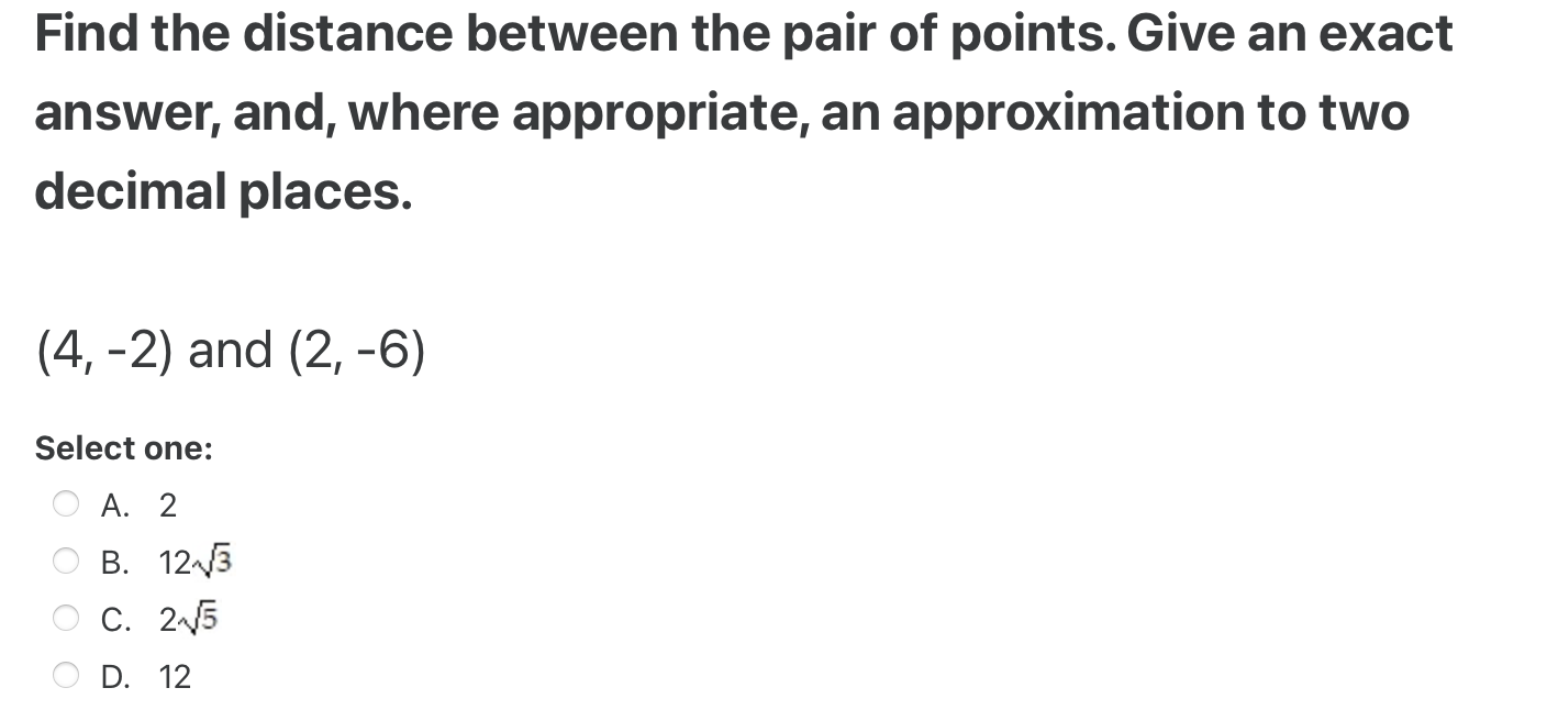 Solved Find the distance between the pair of points. Give an | Chegg.com