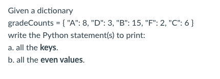 Solved Given a dictionary gradeCounts = { "A": 8, "D": 3, | Chegg.com