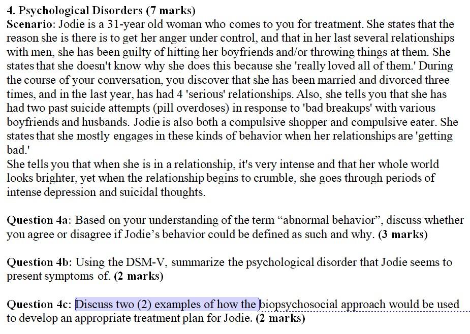 Solved 4. Psychological Disorders (7 marks) Scenario: Jodie | Chegg.com
