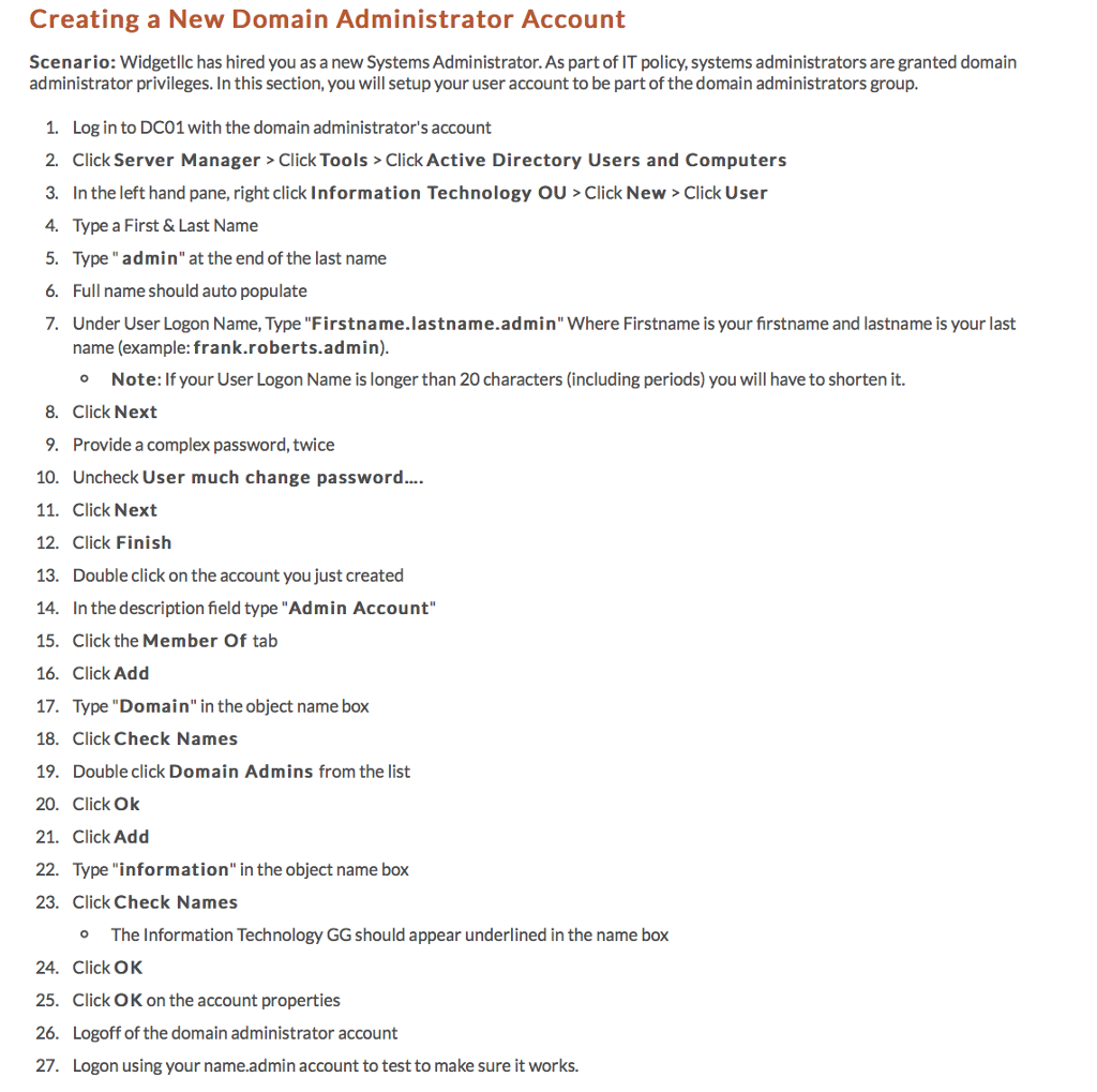 Solved Creating a New Domain Administrator Account | Chegg.com
