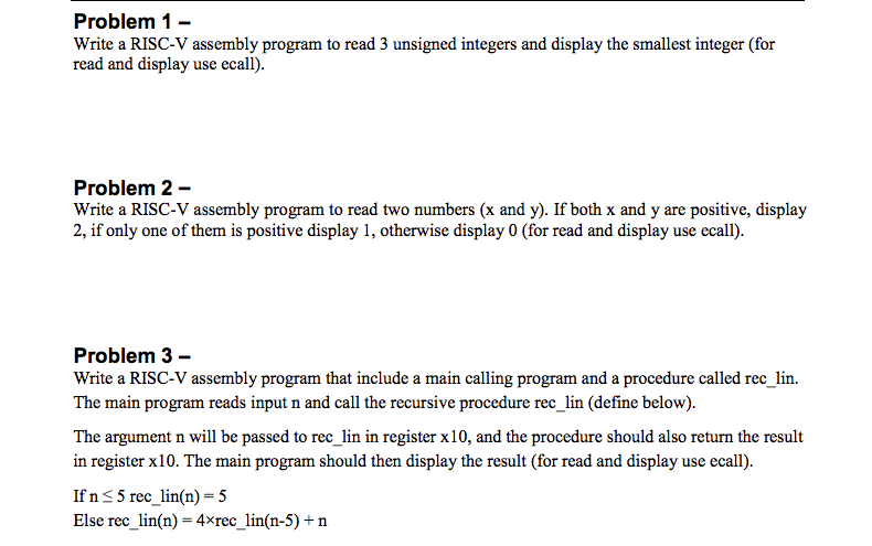 Problem 1- Write a RISC-V assembly program to read 3 | Chegg.com