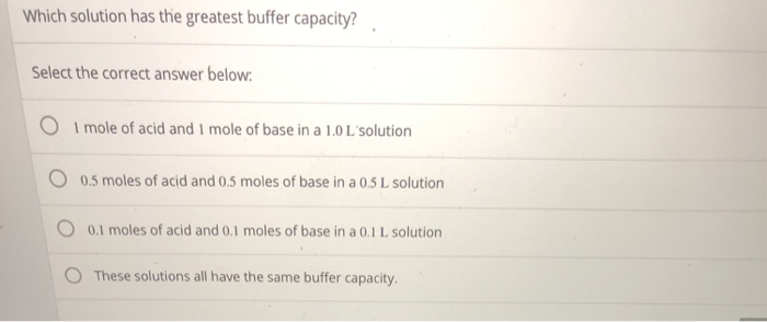 Solved Which solution has the greatest buffer capacity? | Chegg.com