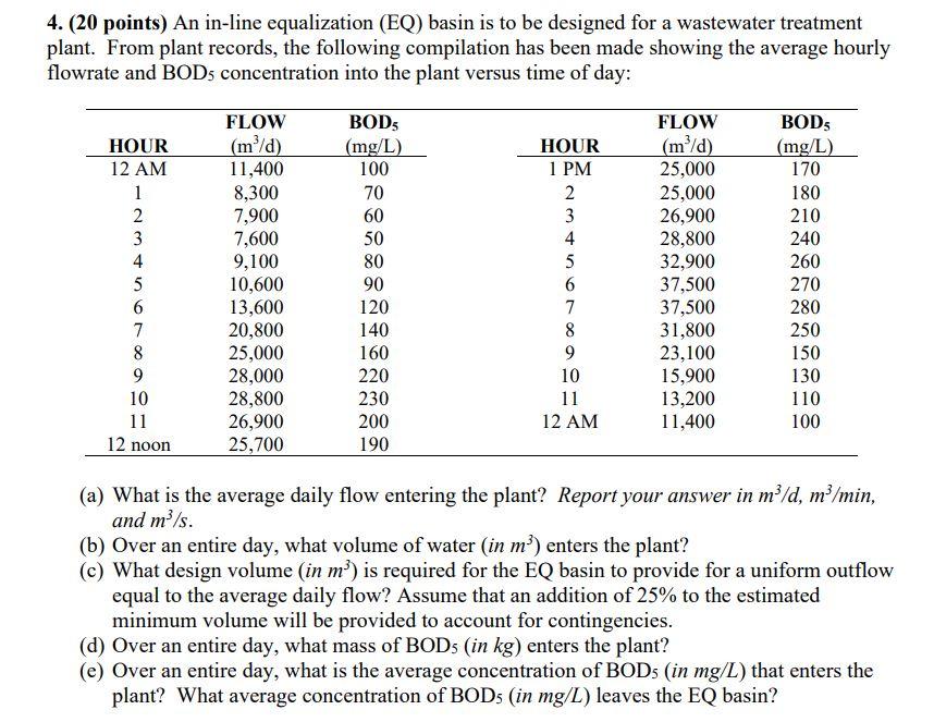 Solved 4. (20 points) An in-line equalization (EQ) basin is | Chegg.com