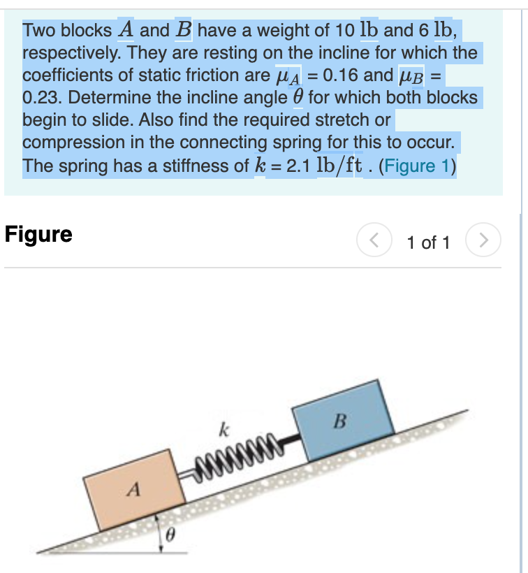 Solved Two blocks A and B have a weight of 10 lb and 6 lb, | Chegg.com