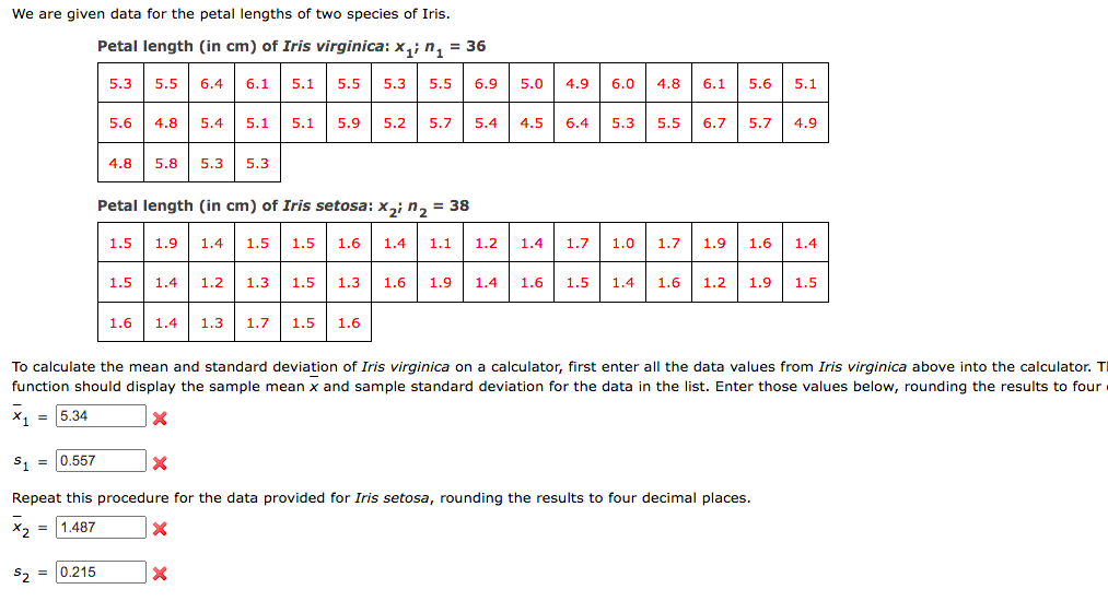 Solved We are given data for the petal lengths of two | Chegg.com