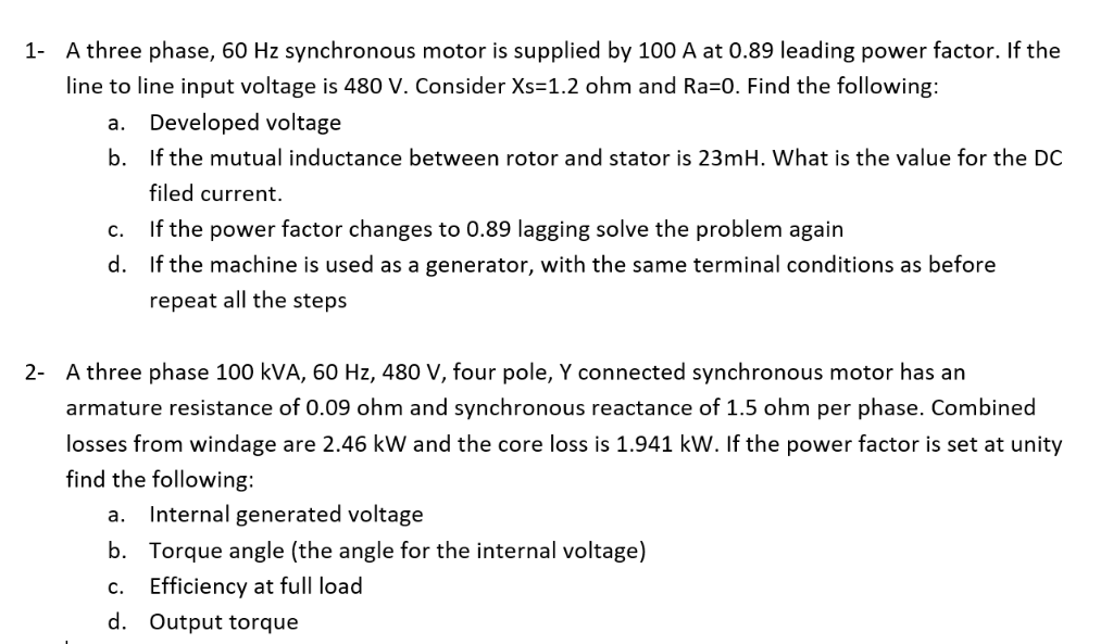 Solved 1 A three phase, 60 Hz synchronous motor is supplied | Chegg.com