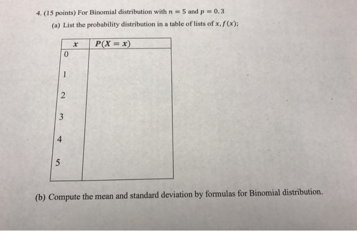 Solved For Binomial distribution with n = 5 and p = 0.3 (a) | Chegg.com
