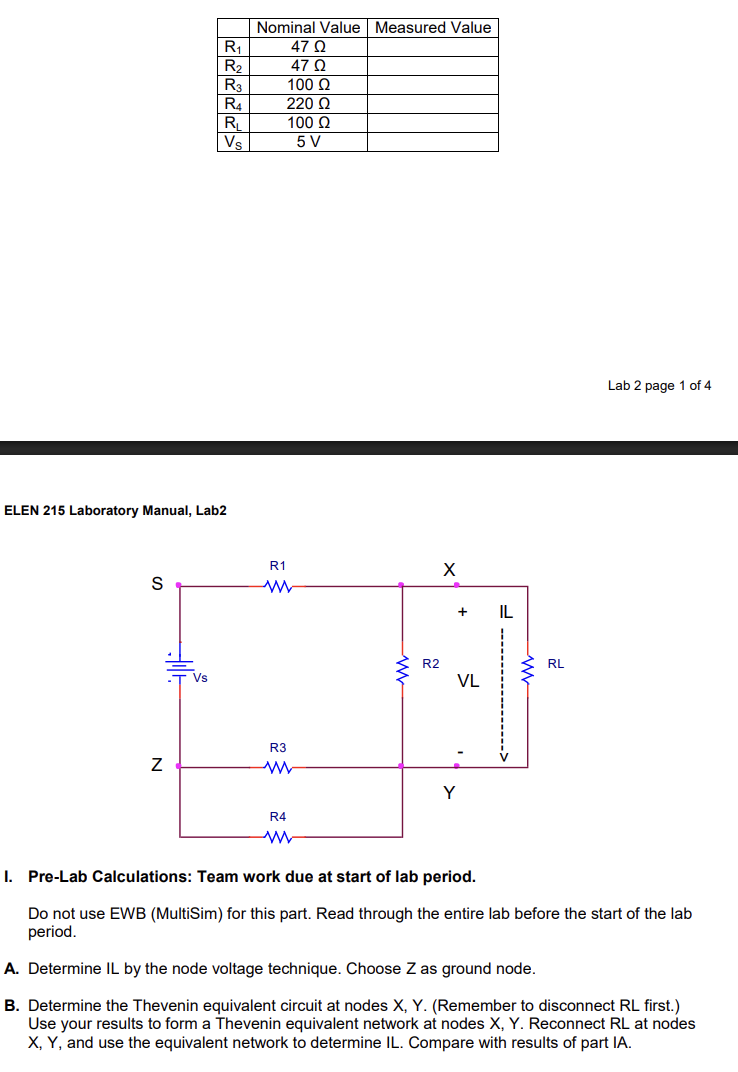 Solved ELEN 215 ﻿Laboratory Manual, Lab2I. Pre-Lab | Chegg.com