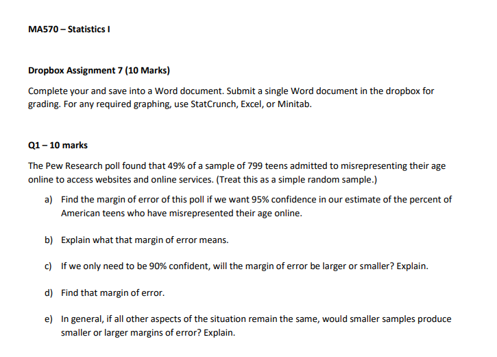 Solved MA570 - Statistics I Dropbox Assignment 7 (10 Marks) | Chegg.com