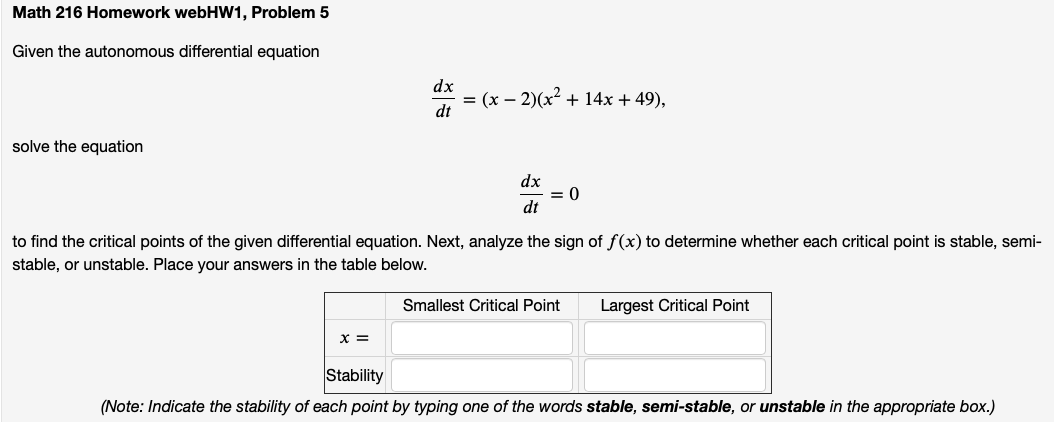 Solved Math 216 Homework webHW1, Problem 5 Given the | Chegg.com