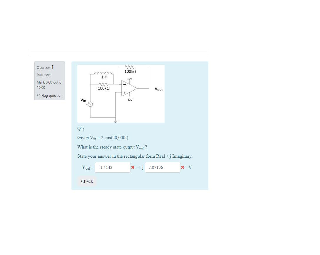 Solved Q1j Given Vin = 2 cos(20,000t). What is the steady | Chegg.com