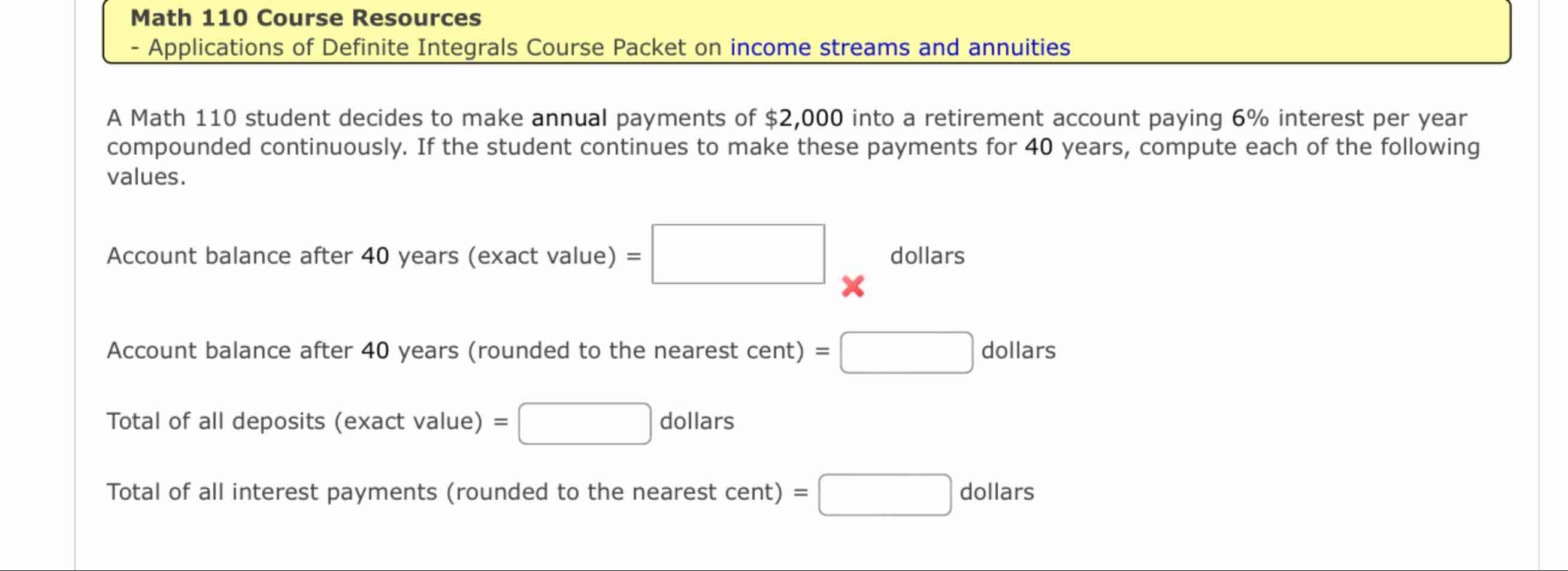 Solved Math 110 ﻿Course Resources- ﻿Applications of Definite | Chegg.com