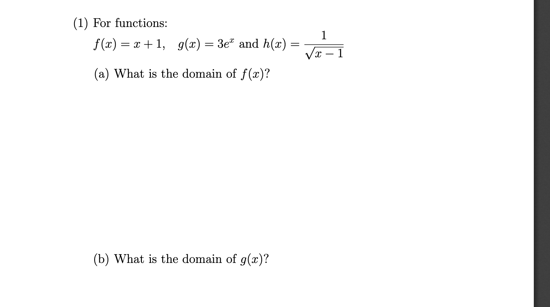 Solved (1) For functions: f(x) = x + 1, g(x) = 3e and h(x) = | Chegg.com