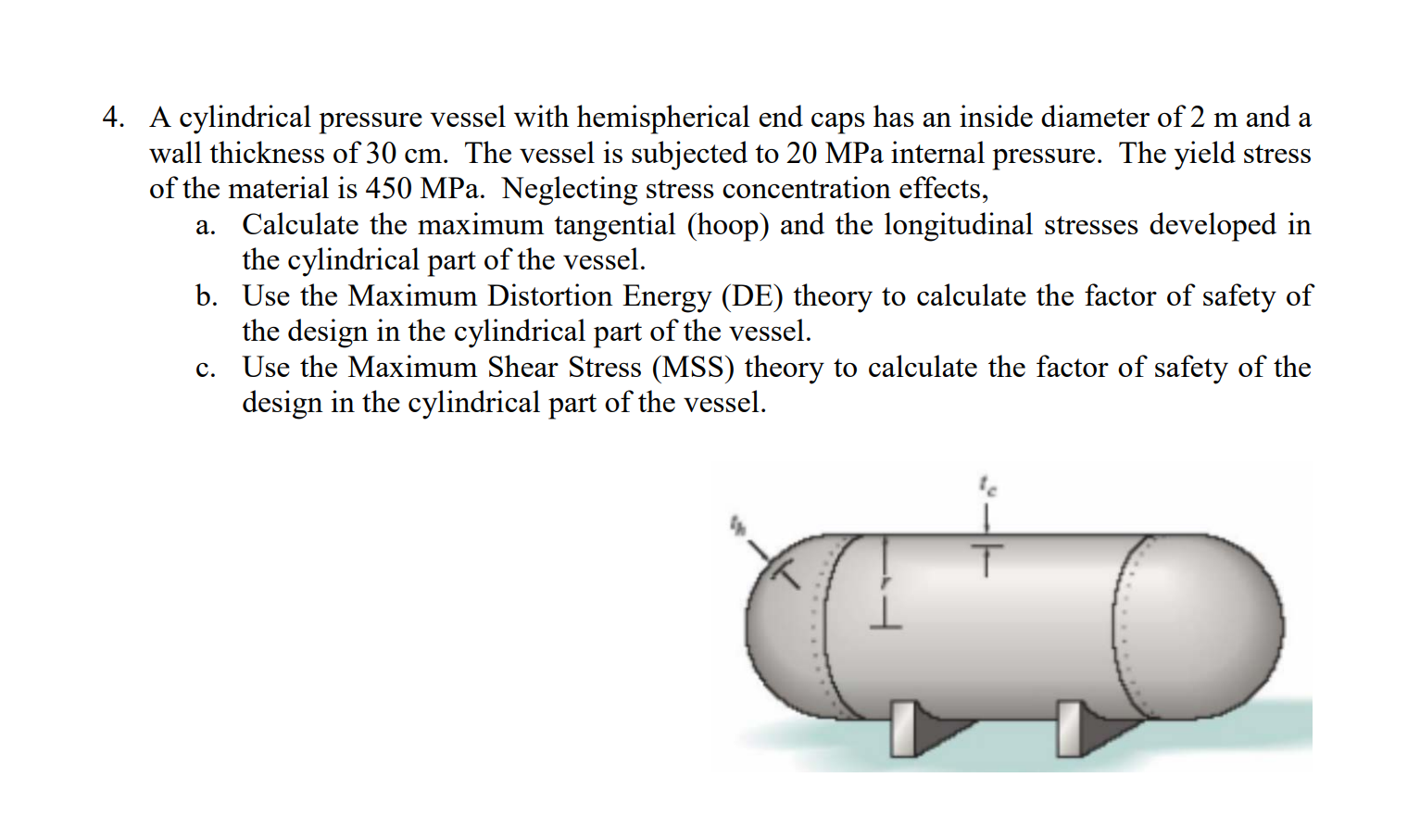 Solved 4. A cylindrical pressure vessel with hemispherical | Chegg.com