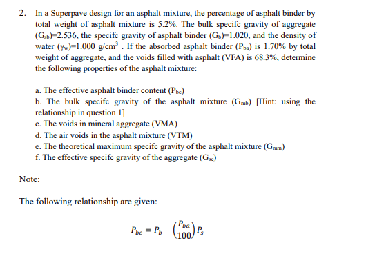 Solved 2. In a Superpave design for an asphalt mixture, the | Chegg.com