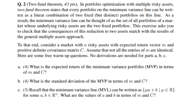 Q. 2 (Two-fund theorem, 43 pts). In portfolio | Chegg.com