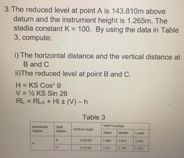 Solved 3. The reduced level at point A is 143.810m above | Chegg.com