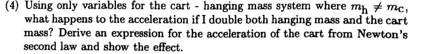 Solved (4) Using only variables for the cart - hanging mass | Chegg.com
